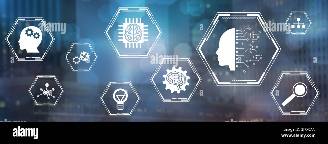 Concept of machine learning with icons on blurred dark background Stock ...