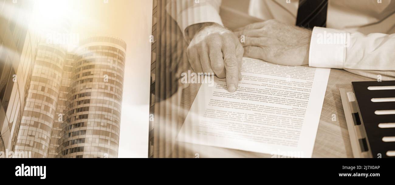 Hands of businessman checking document; multiple exposure Stock Photo ...
