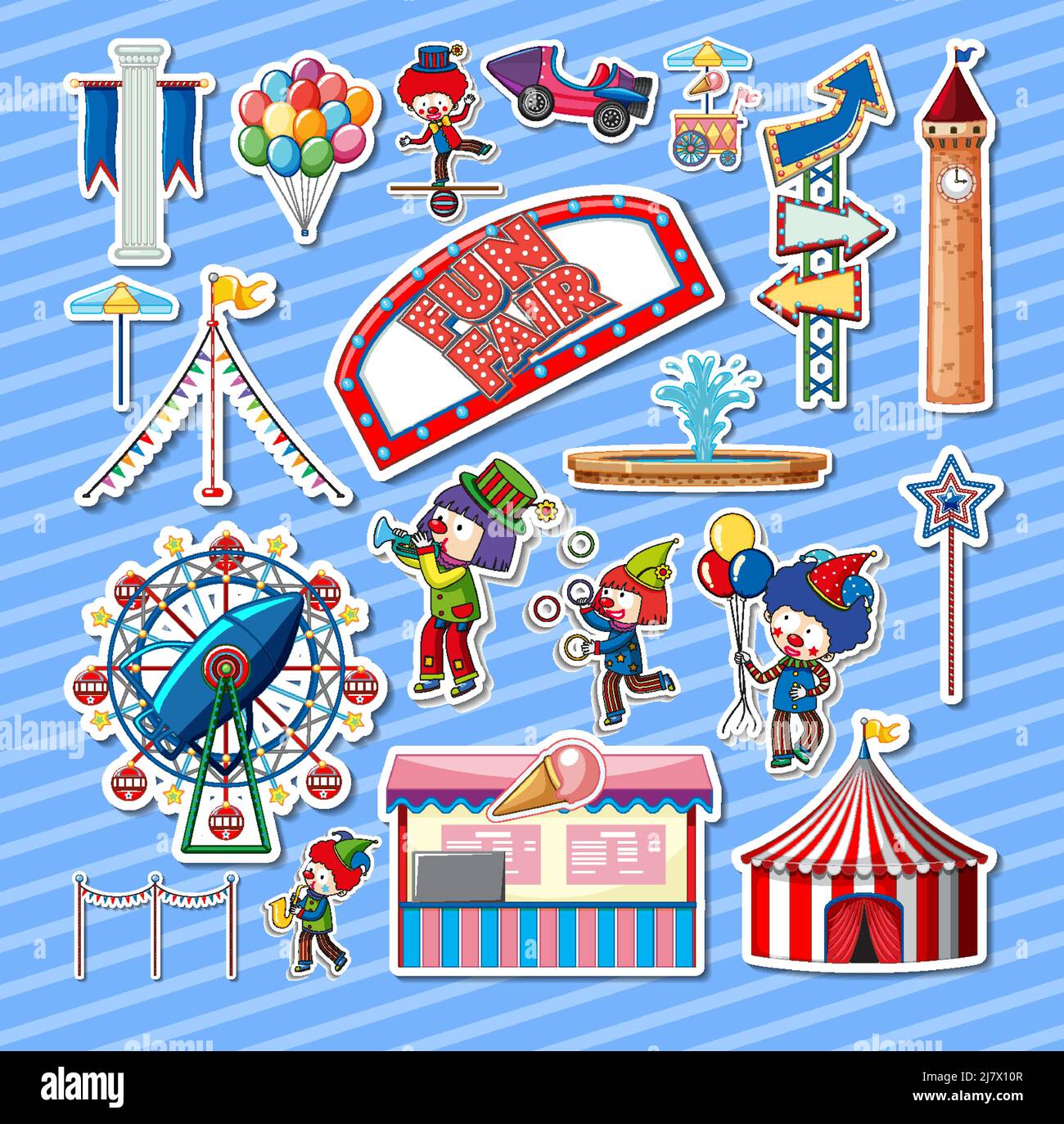 Sticker set of amusement park objects and cartoon characters ...