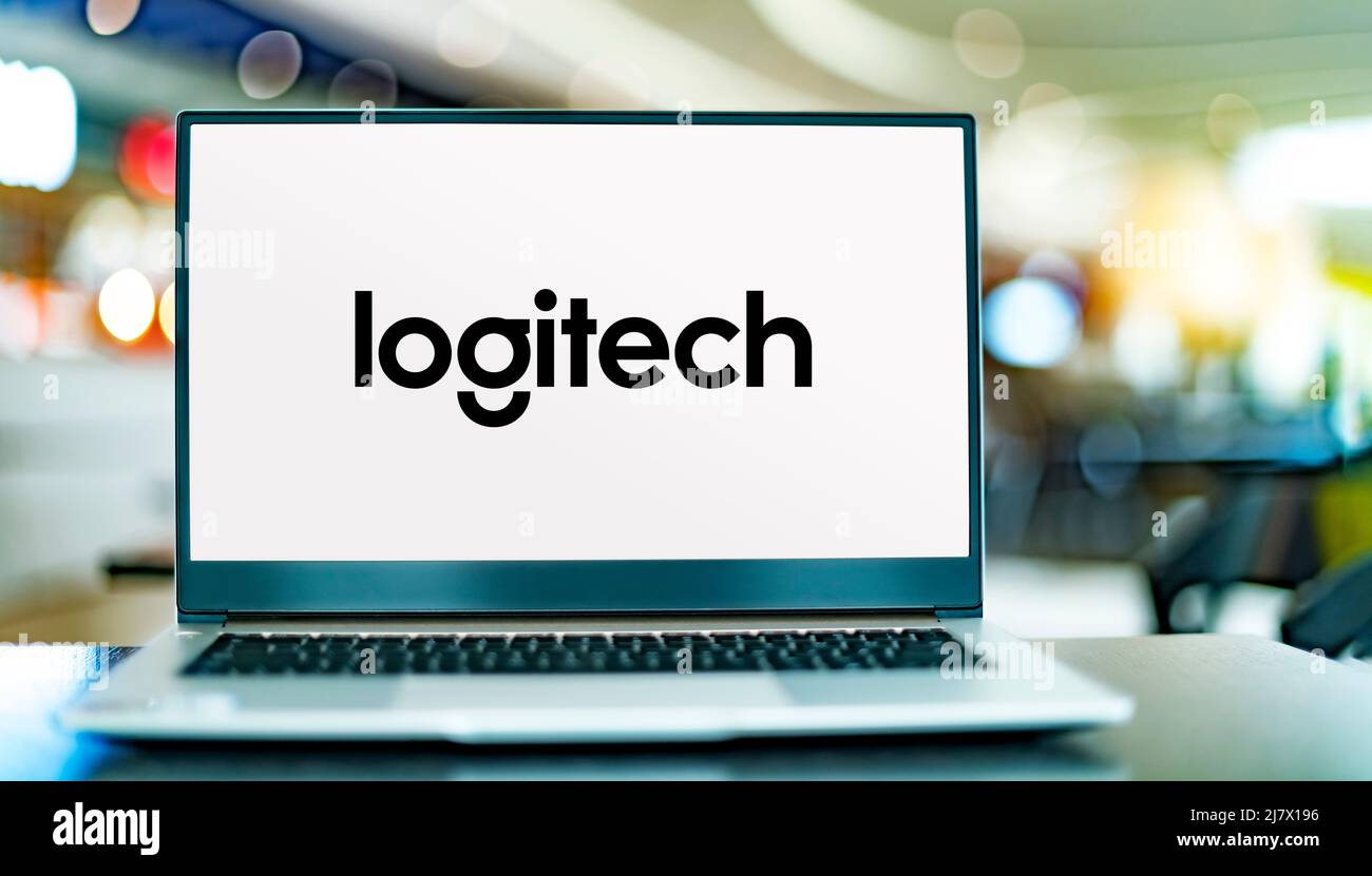POZNAN, POL - OCT 1, 2021: Laptop computer displaying logo of Logitech ...