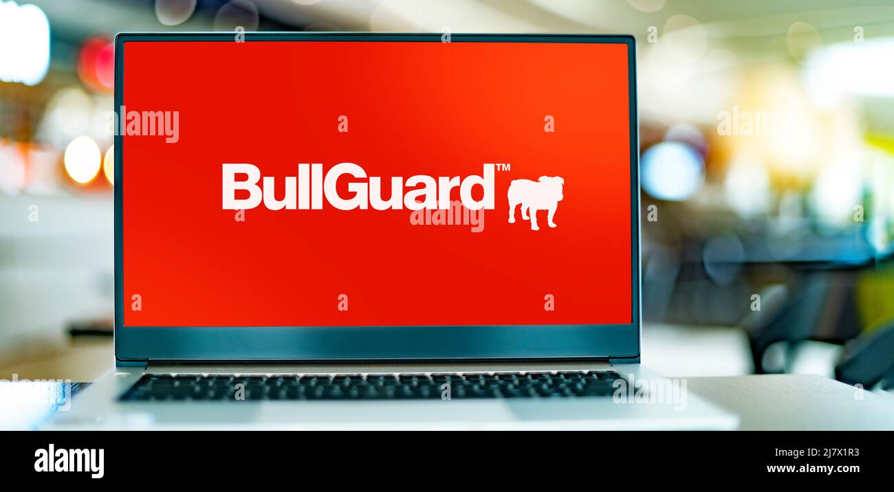 POZNAN, POL - APR 7, 2022: Laptop computer displaying logo of BullGuard ...