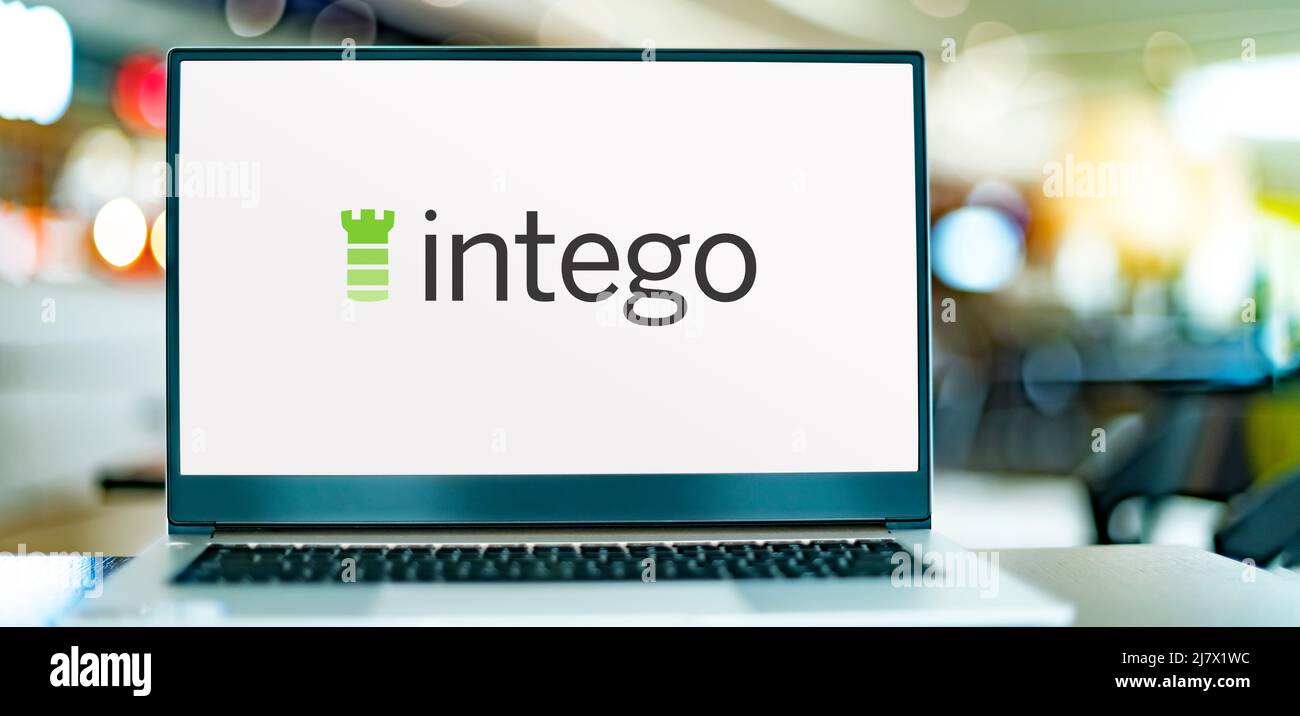 POZNAN, POL - APR 7, 2022: Laptop computer displaying logo of Intego, a ...