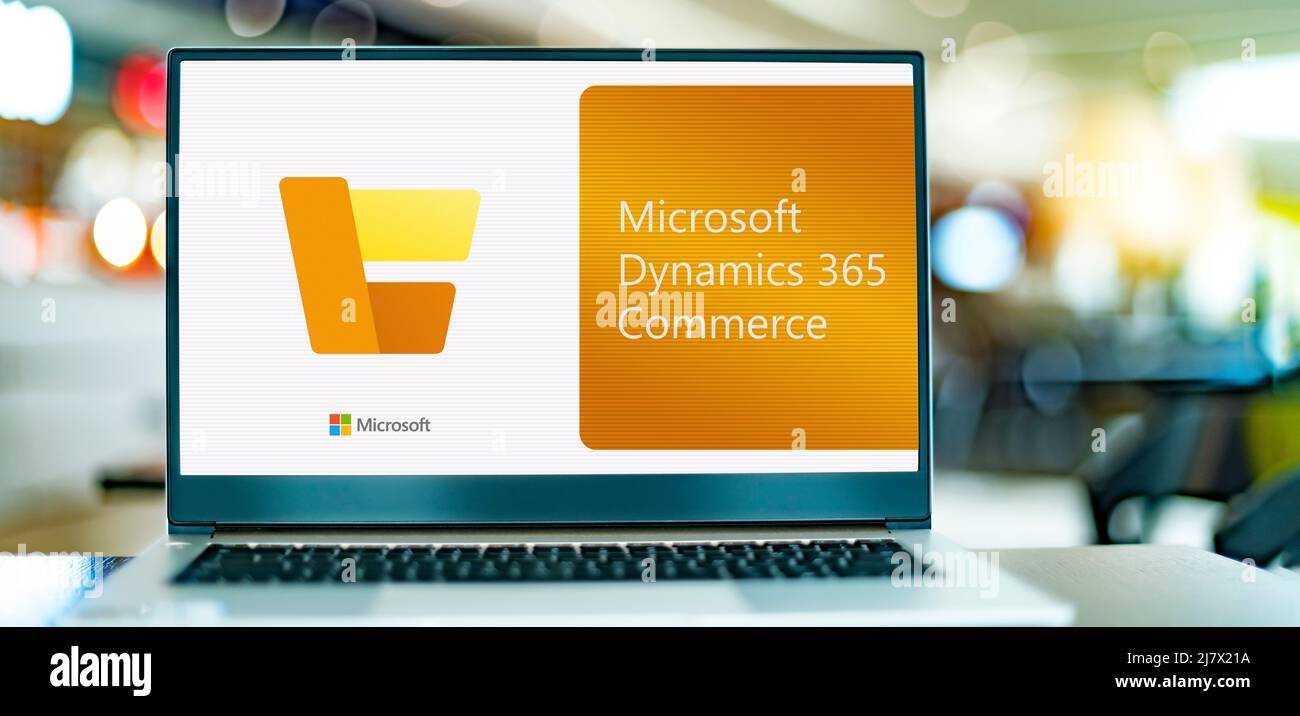 POZNAN, POL - APR 9, 2022: Laptop computer displaying logo of Microsoft ...