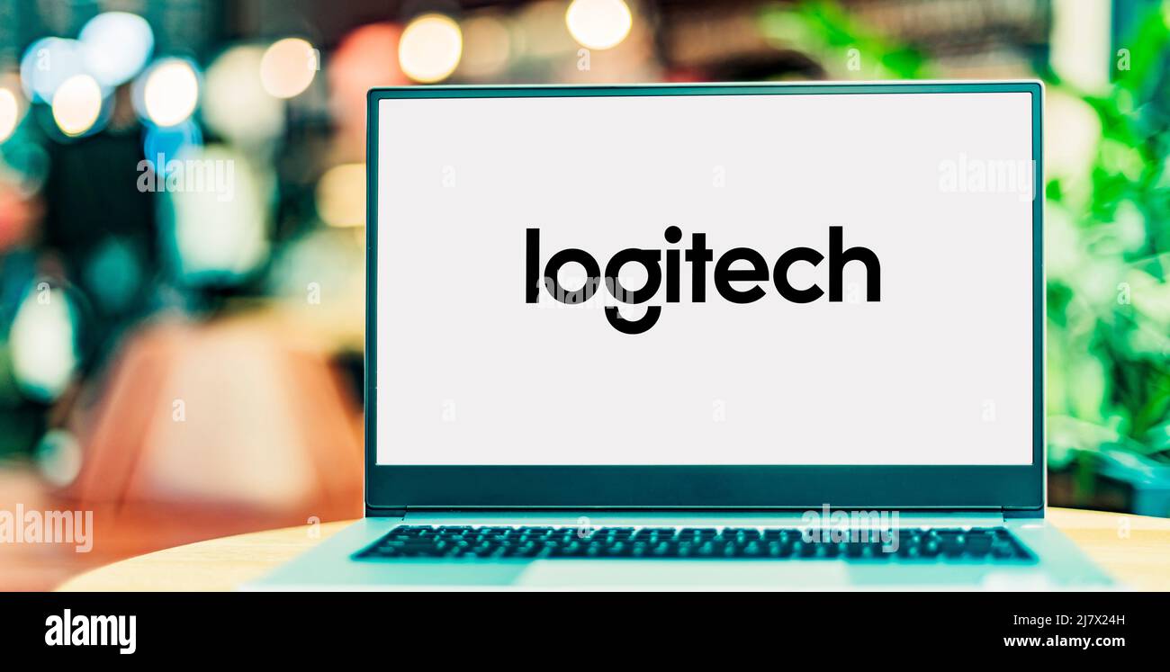 POZNAN, POL - OCT 1, 2021: Laptop computer displaying logo of Logitech ...