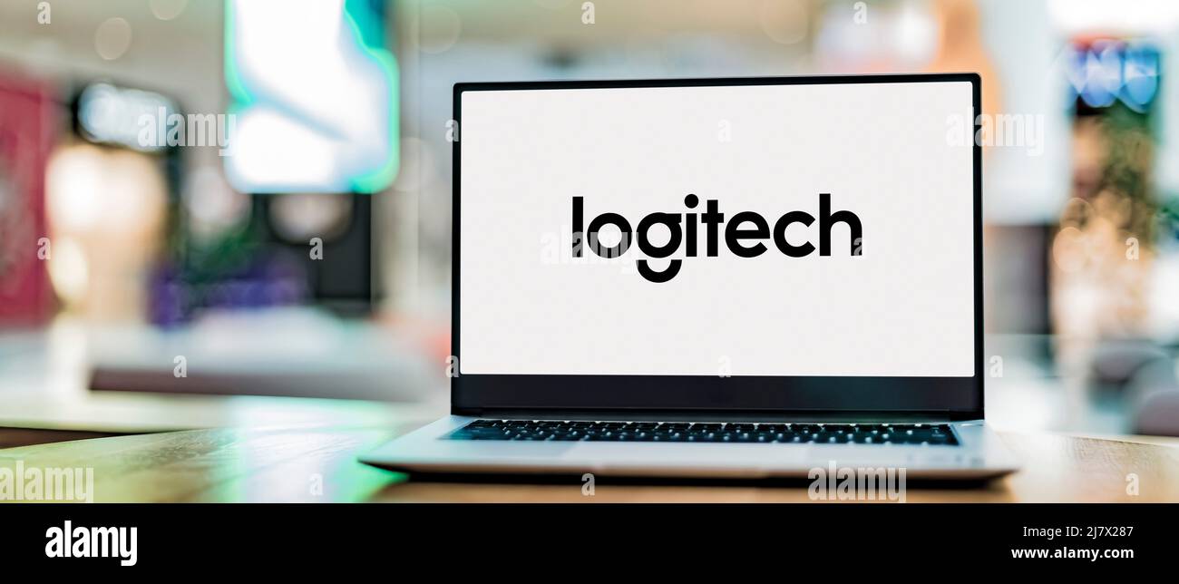 POZNAN, POL - OCT 1, 2021: Laptop computer displaying logo of Logitech ...