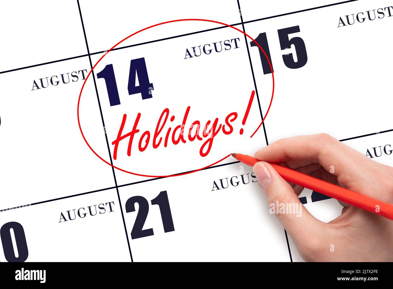 14th day of August. Hand drawing a red circle and writing the text ...