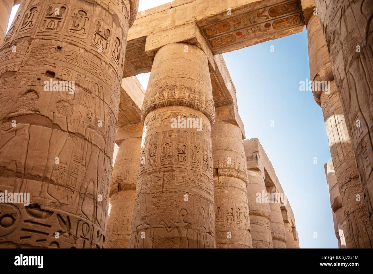Different columns with hieroglyphs in Karnak temple. Karnak temple is the largest complex in ...