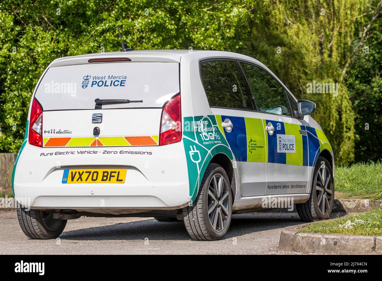 Rear view of a zero emission, electric police car of the West Mercia ...