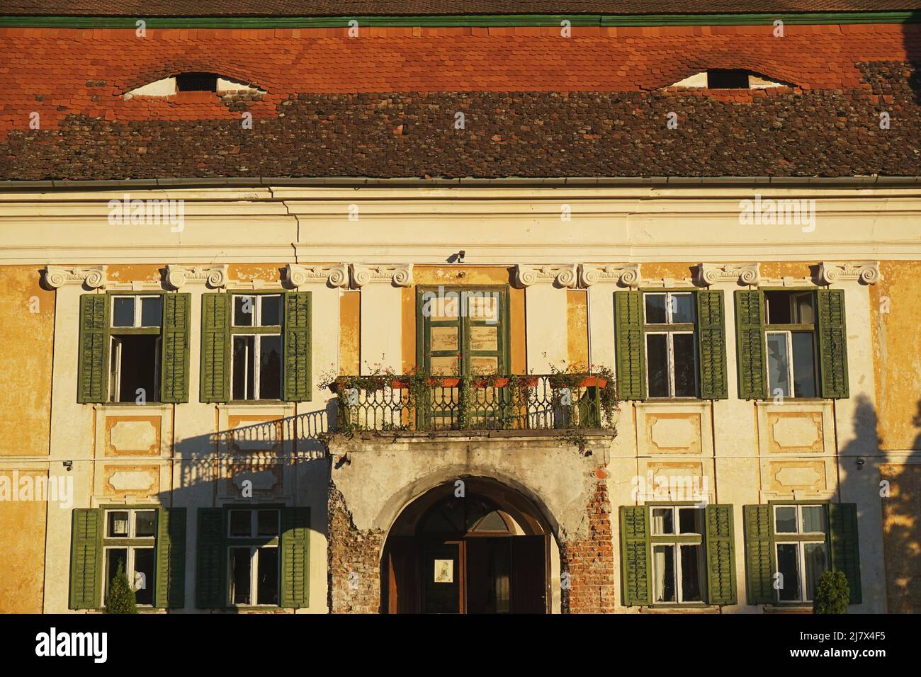 Beautiful old palace facade in the town of Avrig, Transylvania, Romania ...