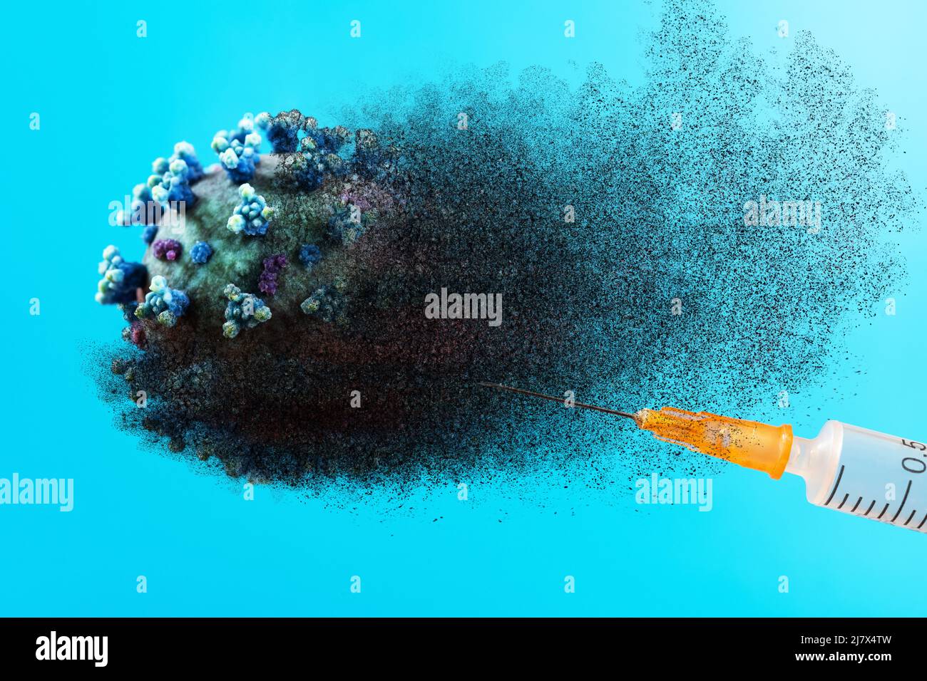 syringe and an exploding coronavirus on blue background Stock Photo - Alamy