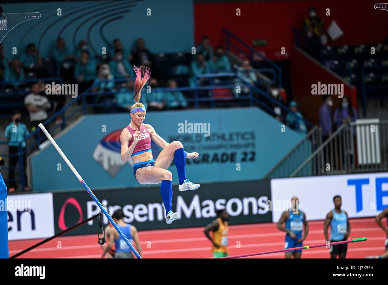 Sandi Morris jumping at the 2022 Belgrade Indoor World Championships in ...