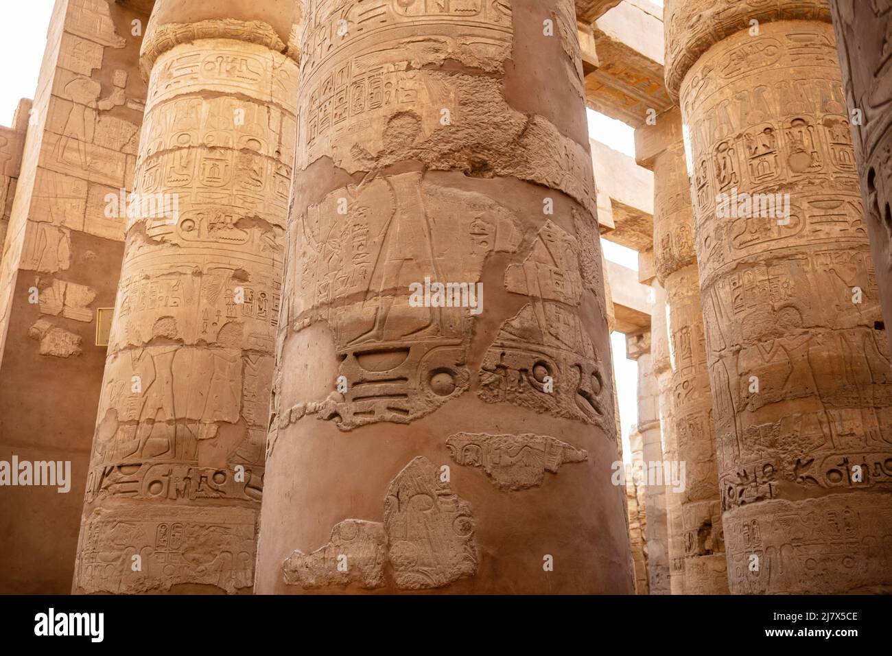 Different columns with hieroglyphs in Karnak temple. Karnak temple is the largest complex in ...