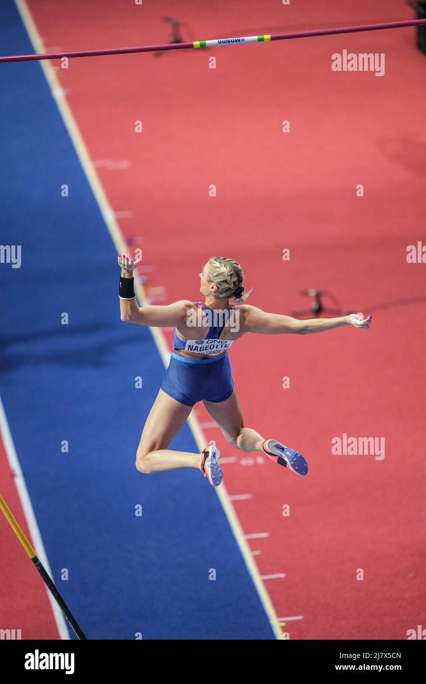 Katie Nageotte jumping at the 2022 Belgrade Indoor World Championships ...