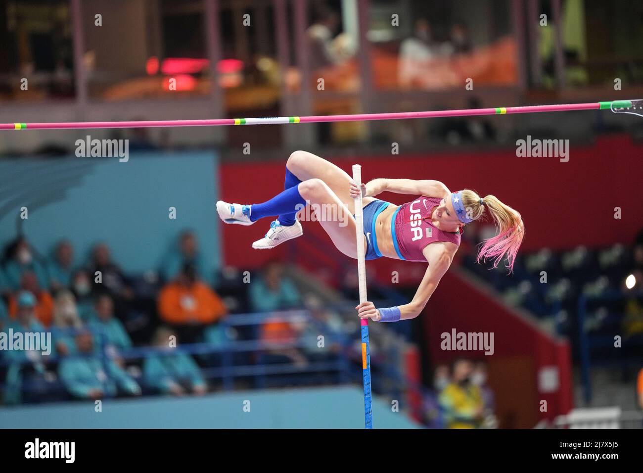 Sandi Morris jumping at the 2022 Belgrade Indoor World Championships in ...