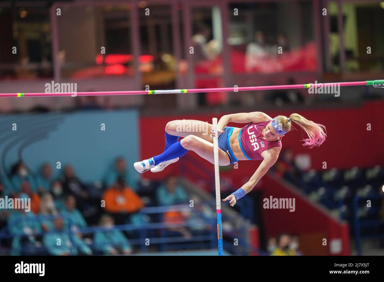 Sandi Morris jumping at the 2022 Belgrade Indoor World Championships in ...