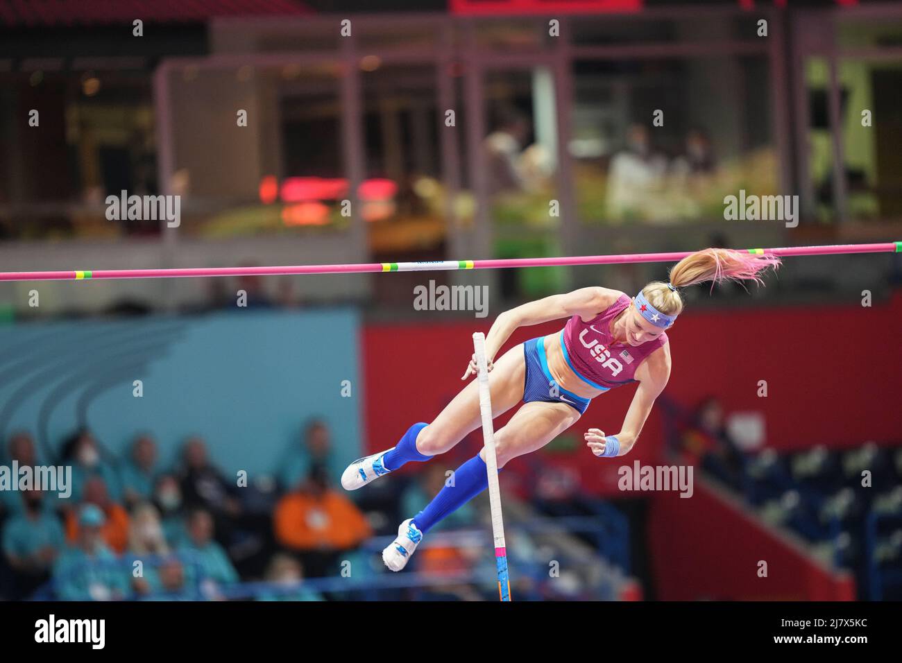 Sandi Morris jumping at the 2022 Belgrade Indoor World Championships in ...
