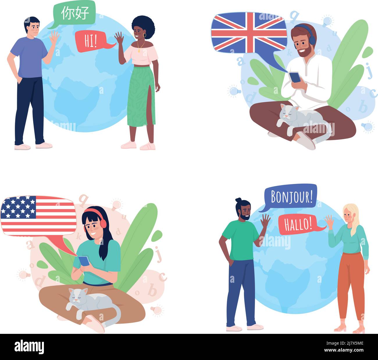 Tandem language learning 2D vector isolated illustration set Stock ...
