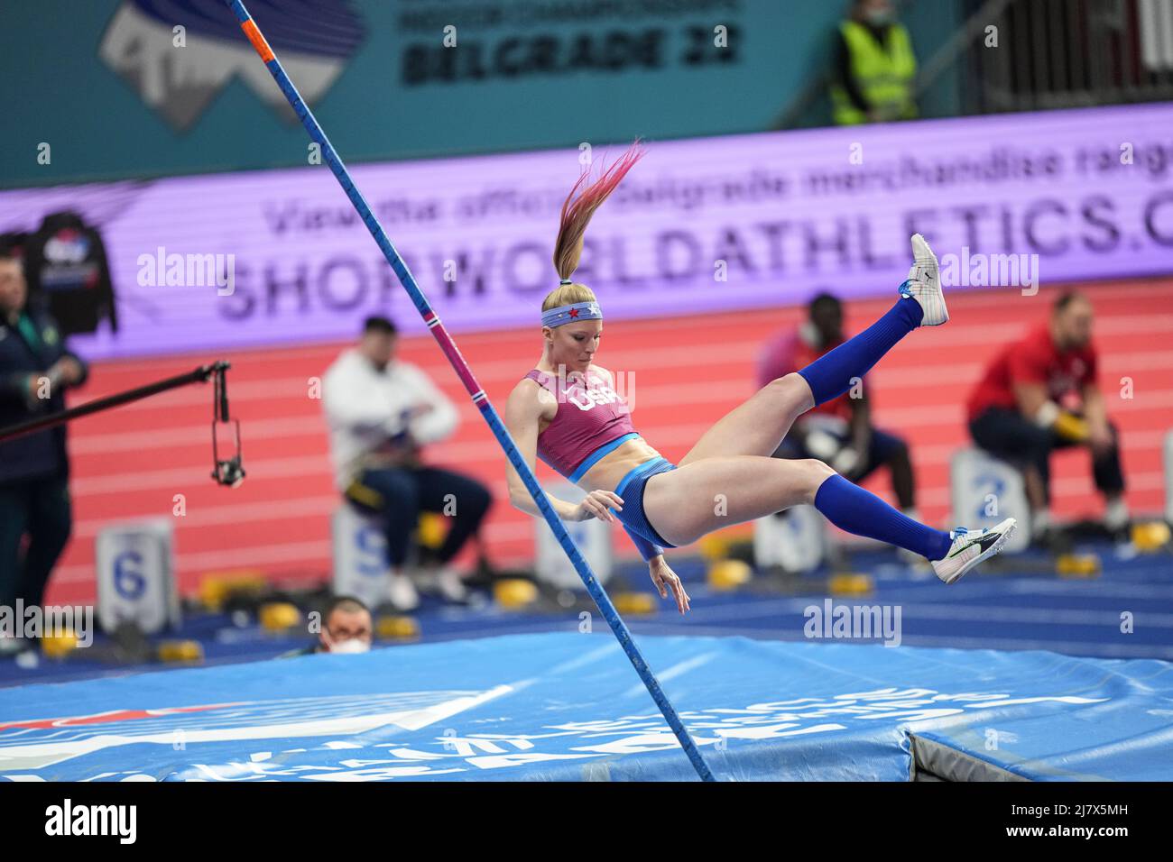 Sandi Morris jumping at the 2022 Belgrade Indoor World Championships in ...