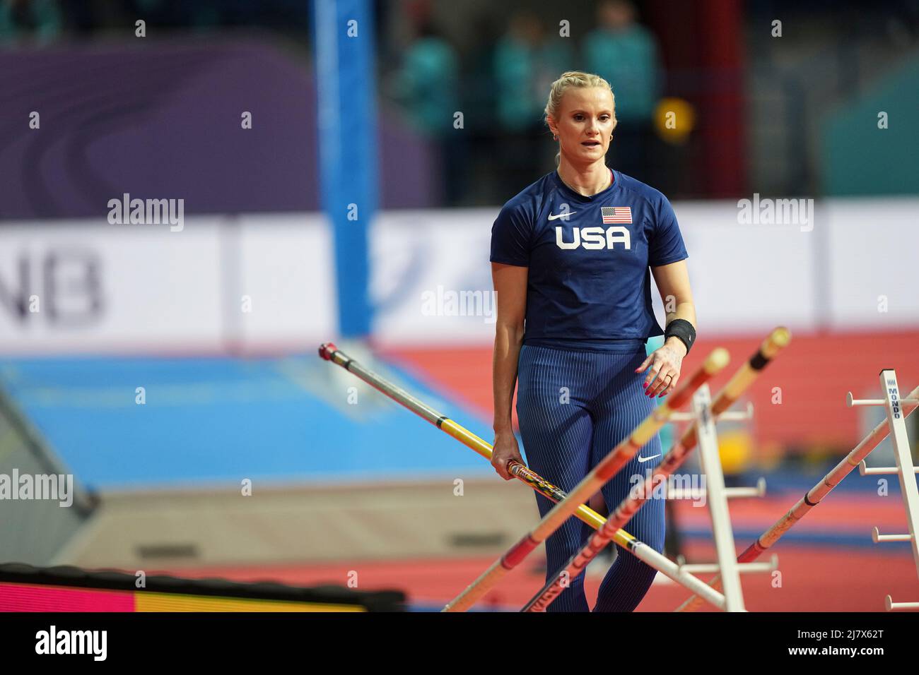 Katie Nageotte preparing to jump at the Belgrade 2022 World Indoor ...