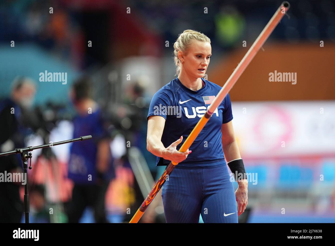 Katie Nageotte preparing to jump at the Belgrade 2022 World Indoor ...