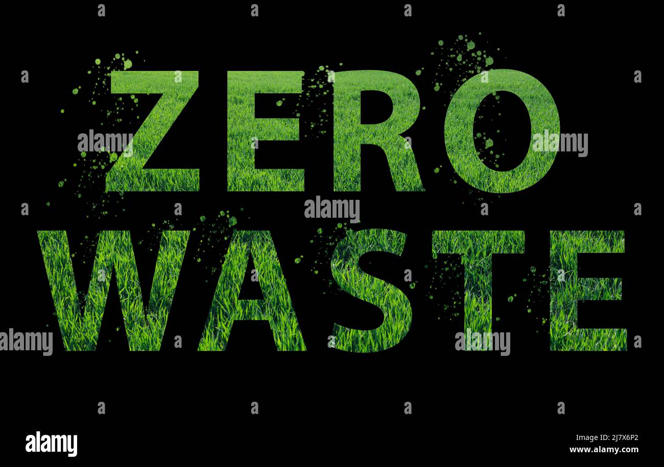 Zero waste text with green grass on black background. Inscription. Cco ...