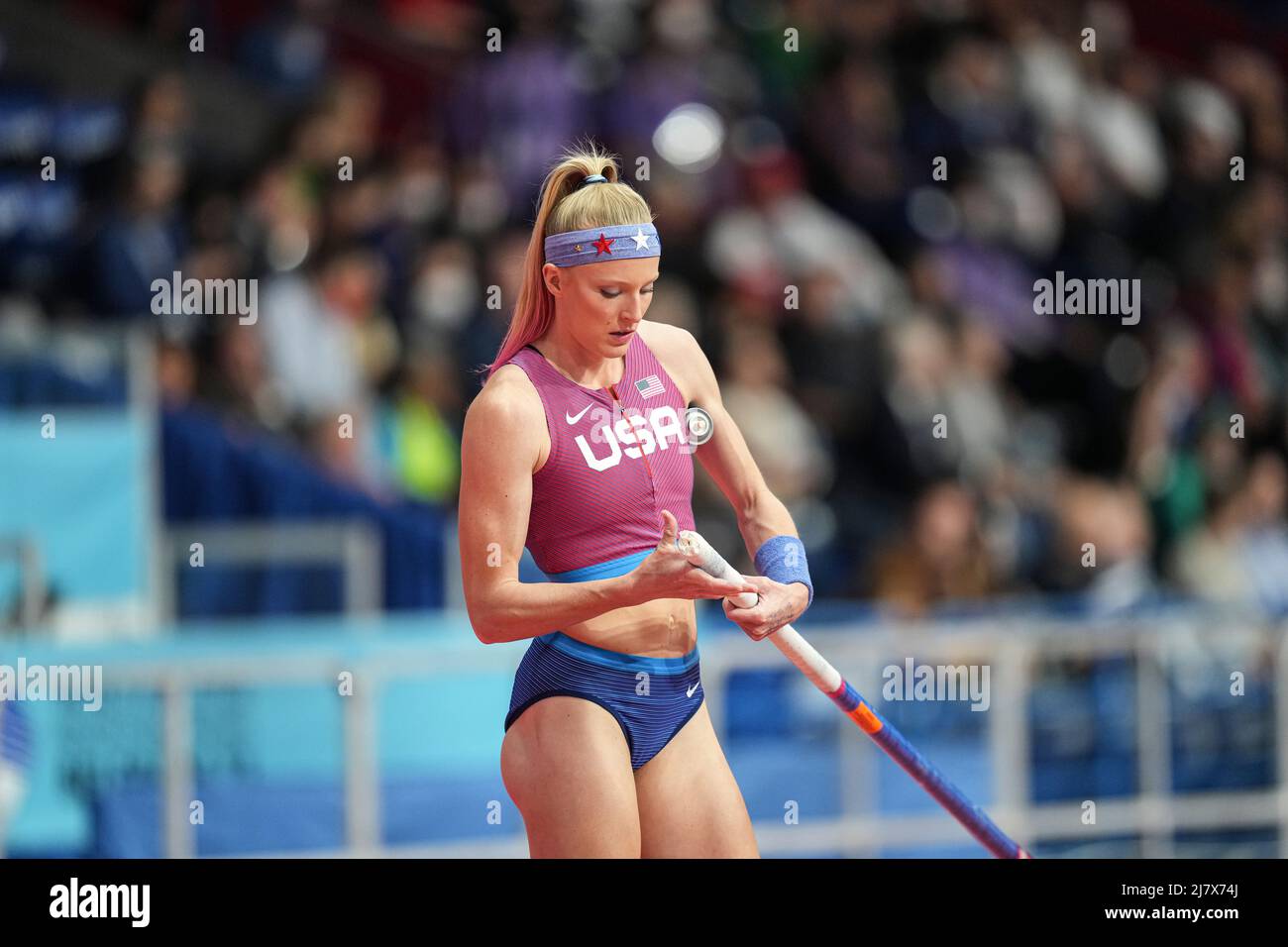 Sandi Morris preparing to jump at the Belgrade 2022 World Indoor ...