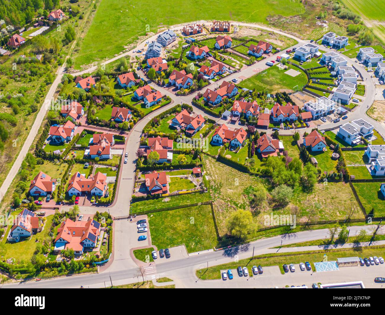 Aerial view of luxury upscale residential neighborhood gated community ...