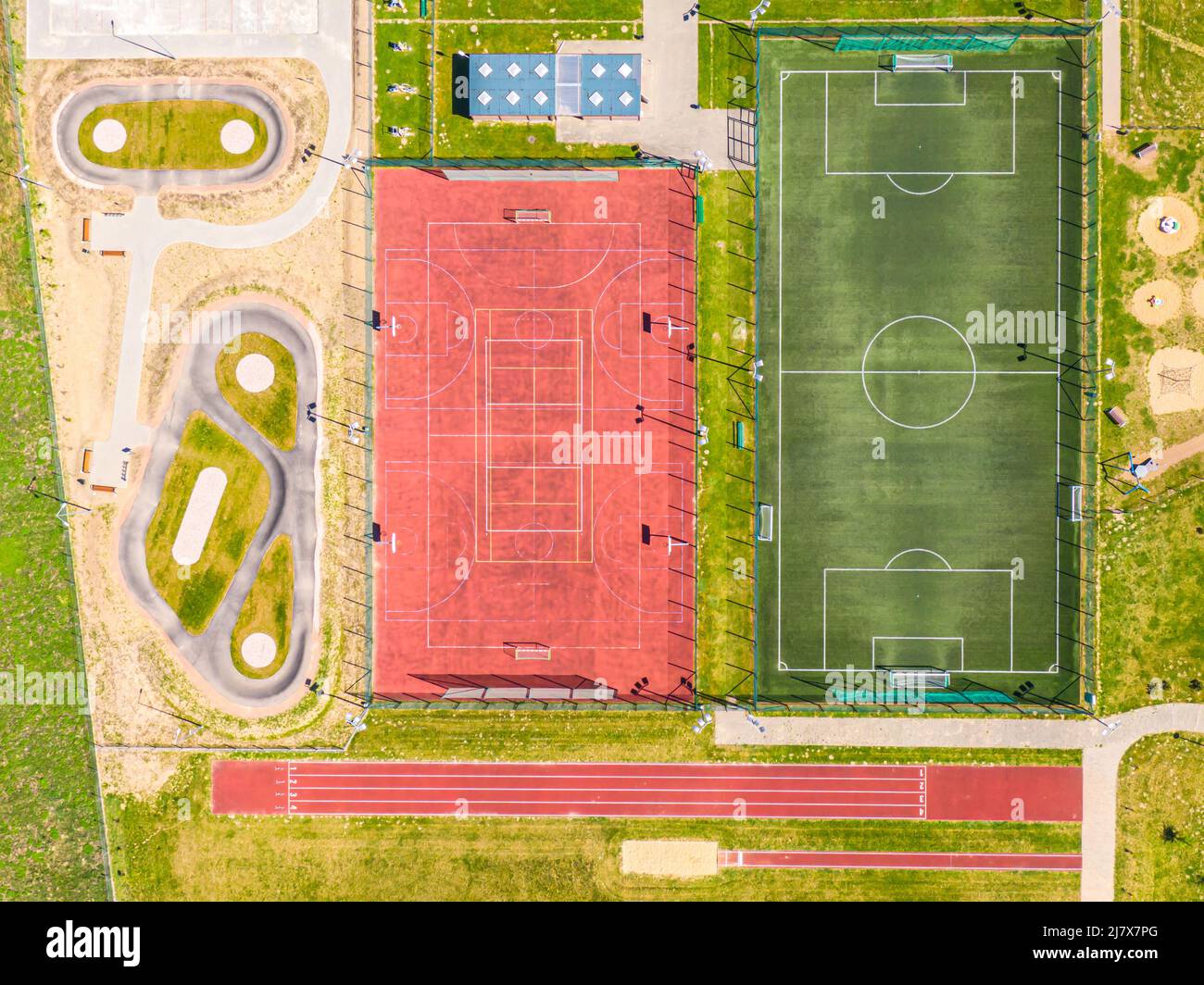 Top View, Bird eye view of school college with basketball, soccer ...