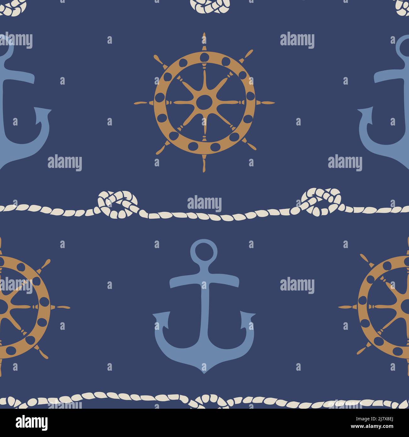 Seamless vector pattern with anchor and ship wheel on blue background ...