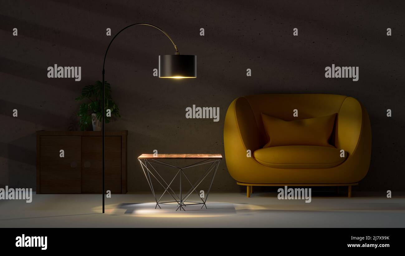 Stylish bright yellow chair with side table and stand lamp. Classic ...