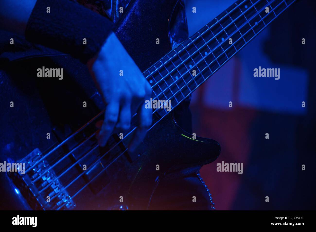 The bass guitarist plays the bass guitar. Dark key. Selective focus ...