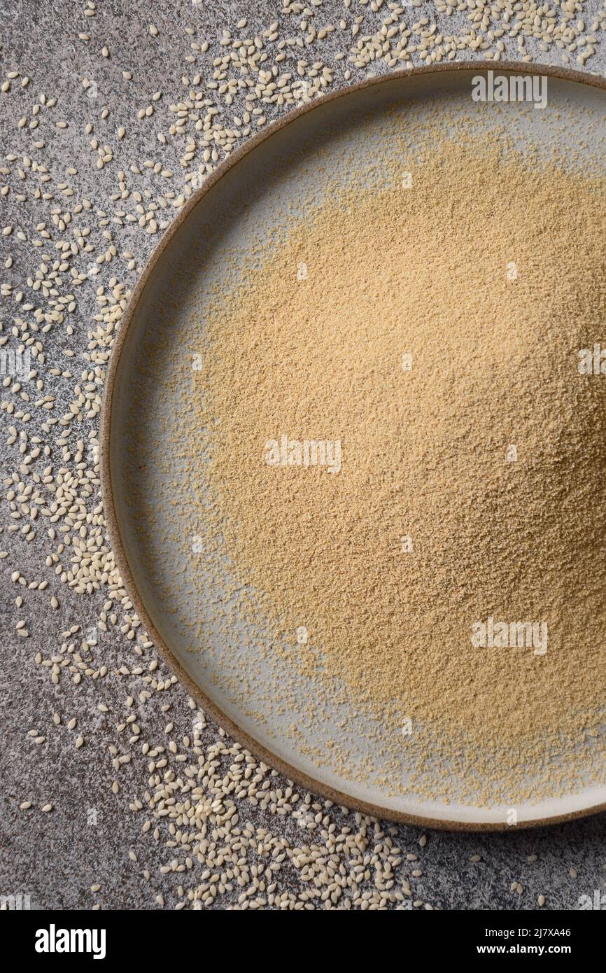 Sesame flour in plate includes ample minerals, natural antioxidants and ...