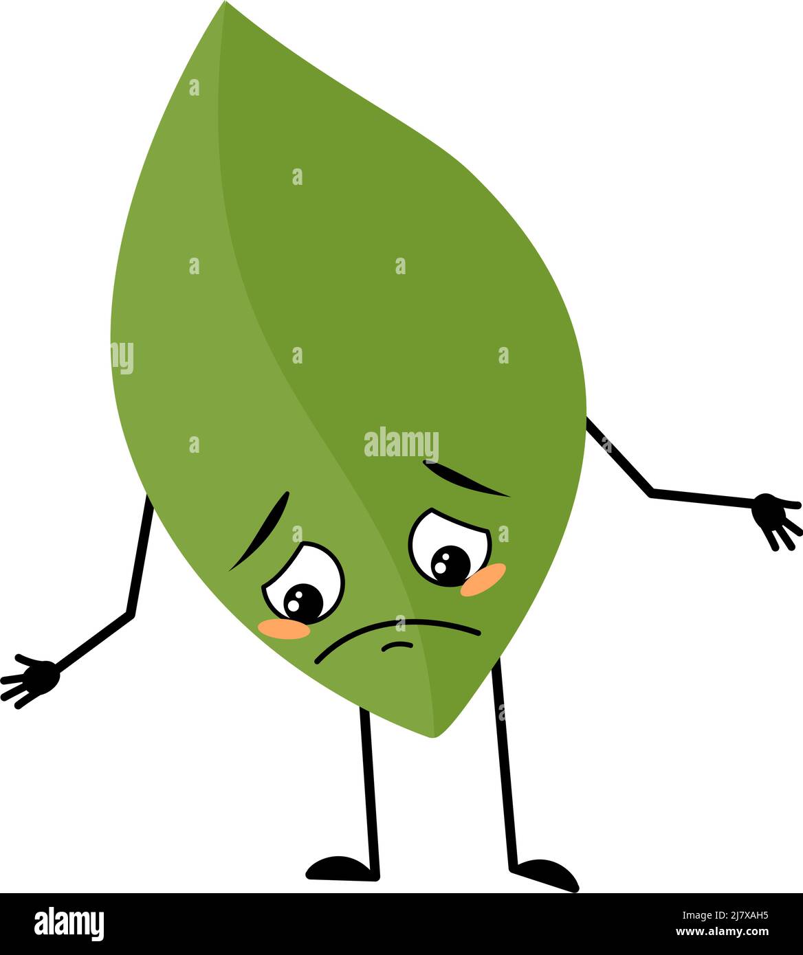 Leaf character with sad emotions, depressed face, down eyes, arms and ...