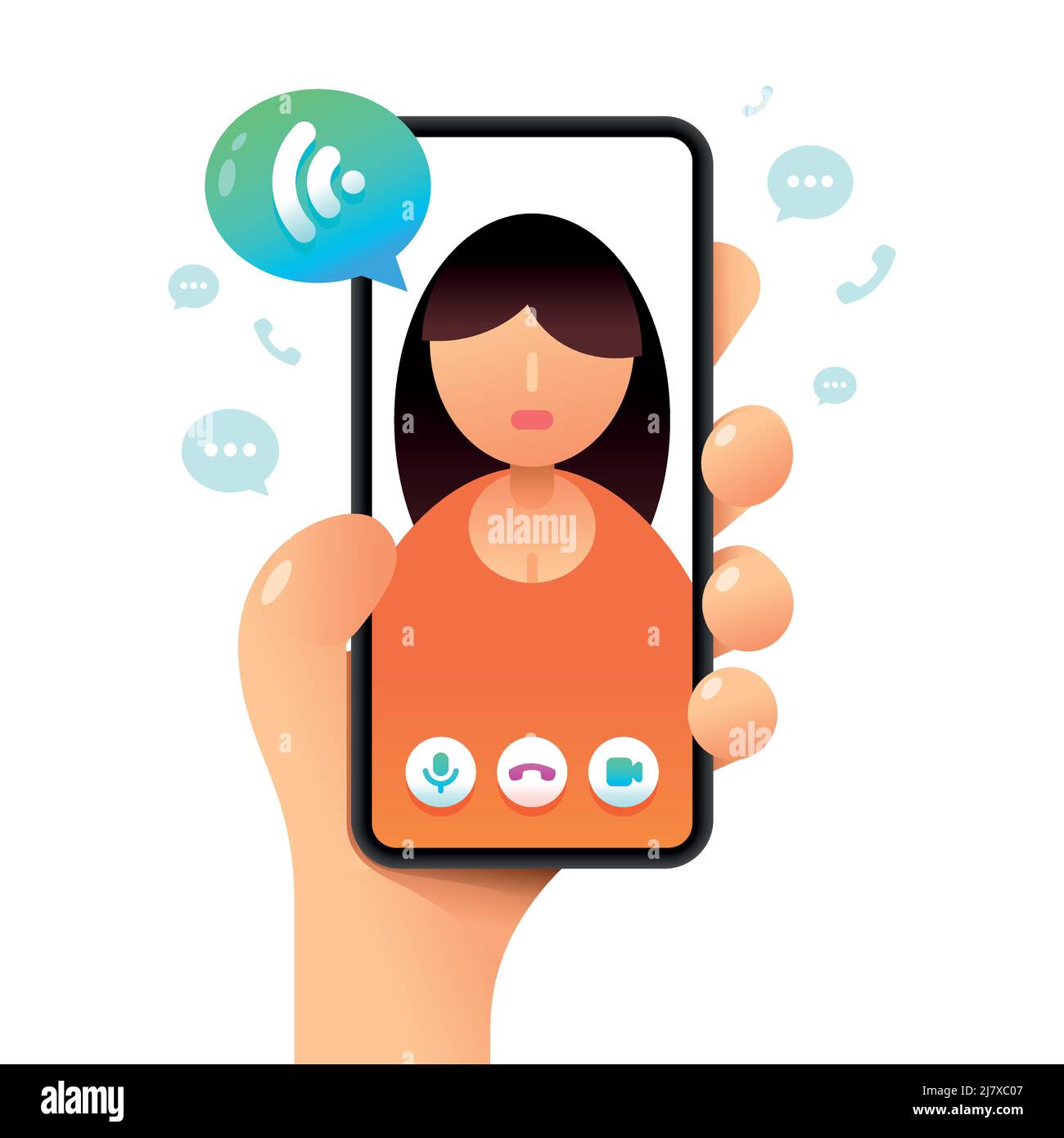Smartphone mockup in human hand. Online voice call. Vector colorful ...
