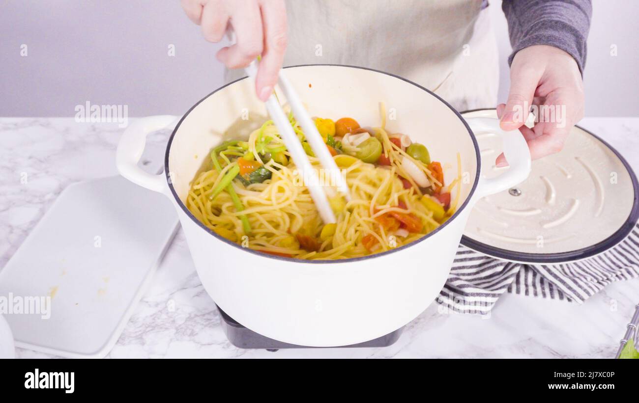 Step by step. Cooking on pot pasta recipe in an enameled cast iron ...