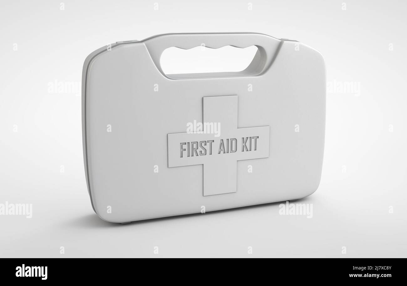 3d rendering of Tin first aid kit with cross emblem. Clipping path ...
