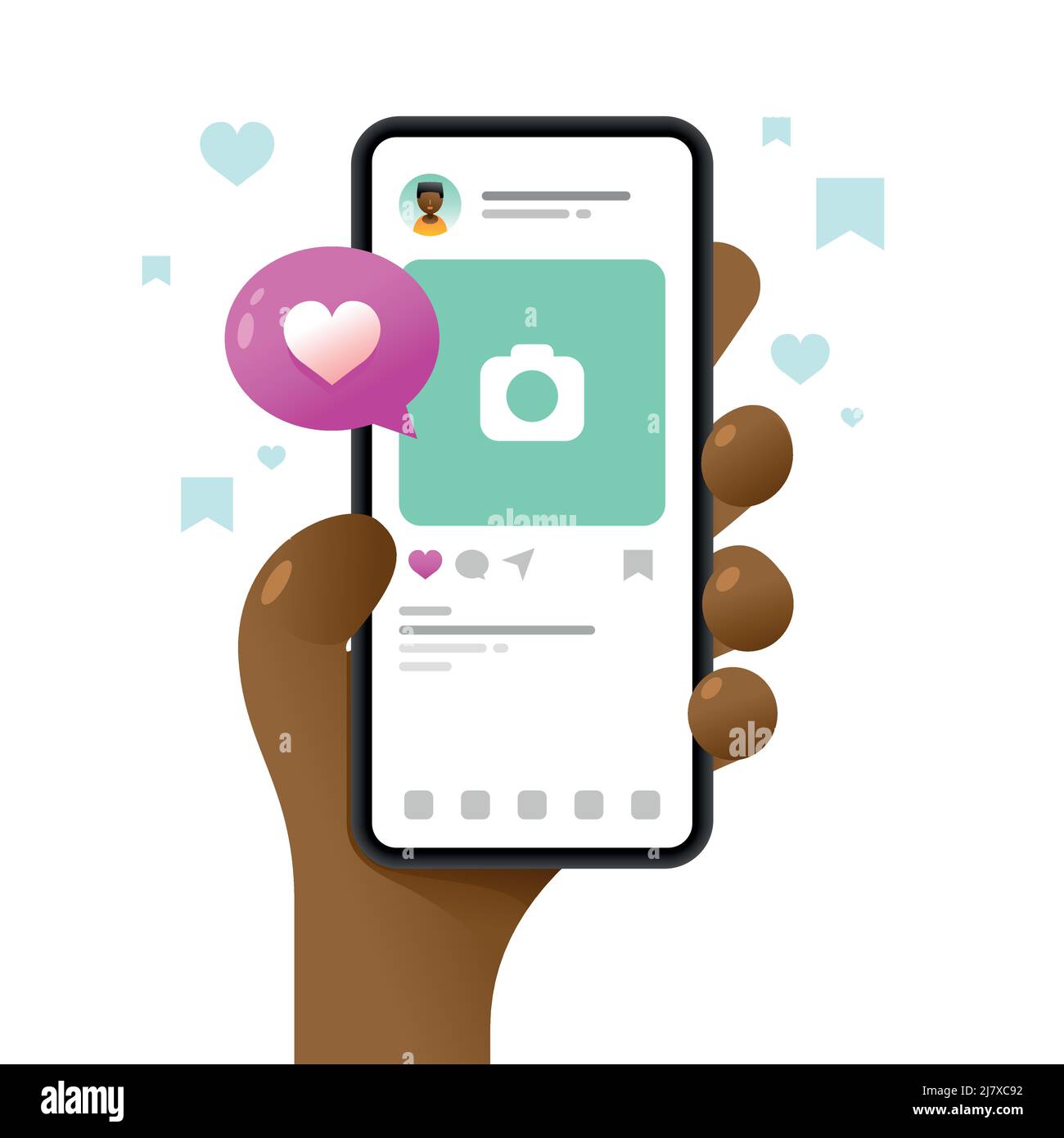 Smartphone mockup in human hand. Post in application. Vector colorful ...