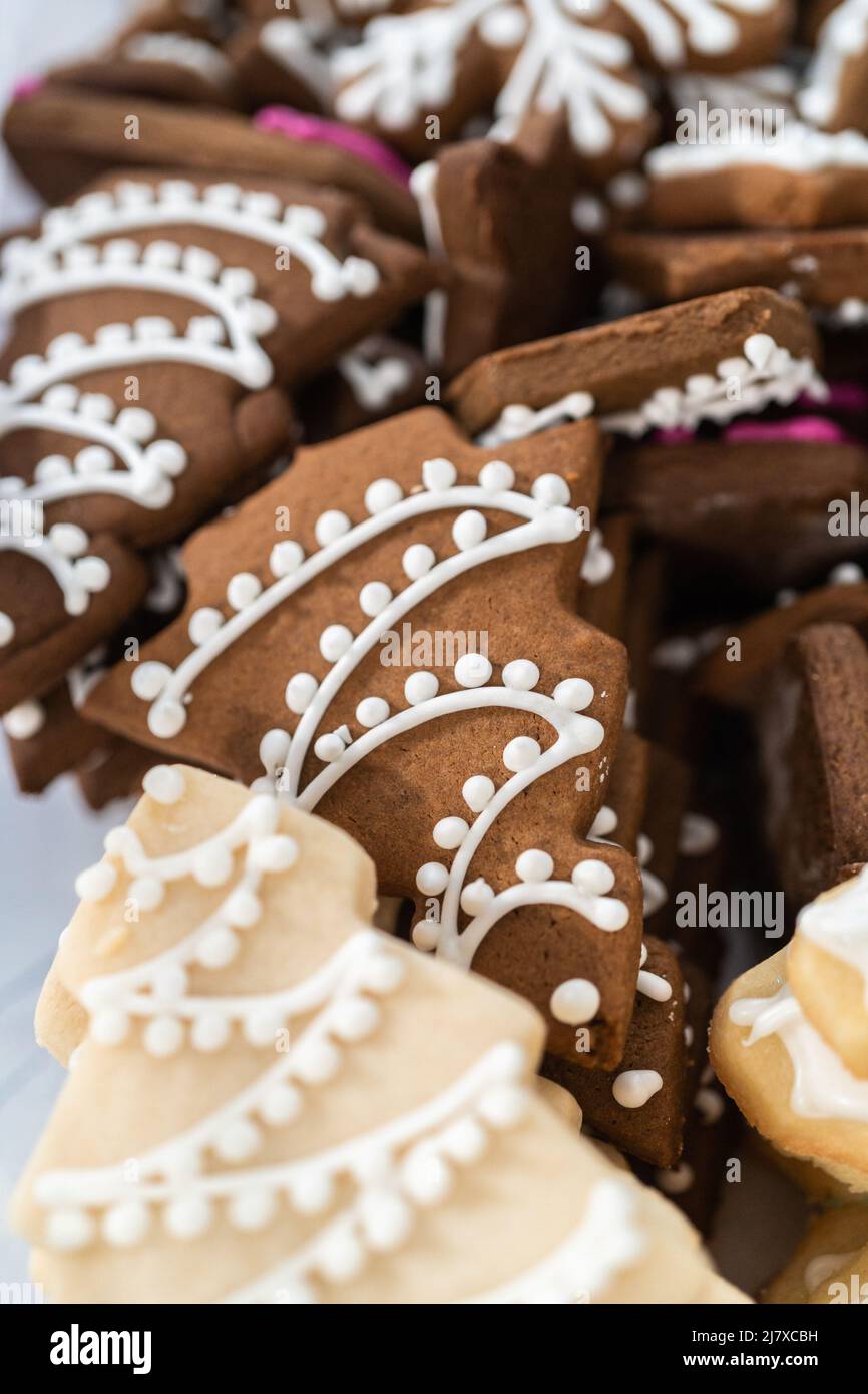 Gingerbread and sugar Christmas cookies with royal icing Stock Photo ...