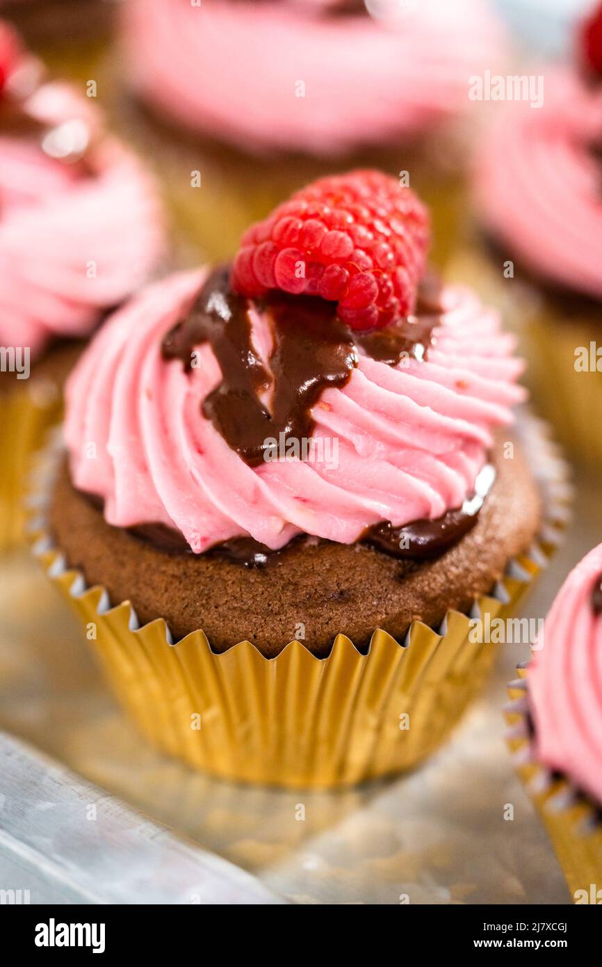 Gourmet chocolate raspberry cupcakes drizzled with chocolate ganache ...
