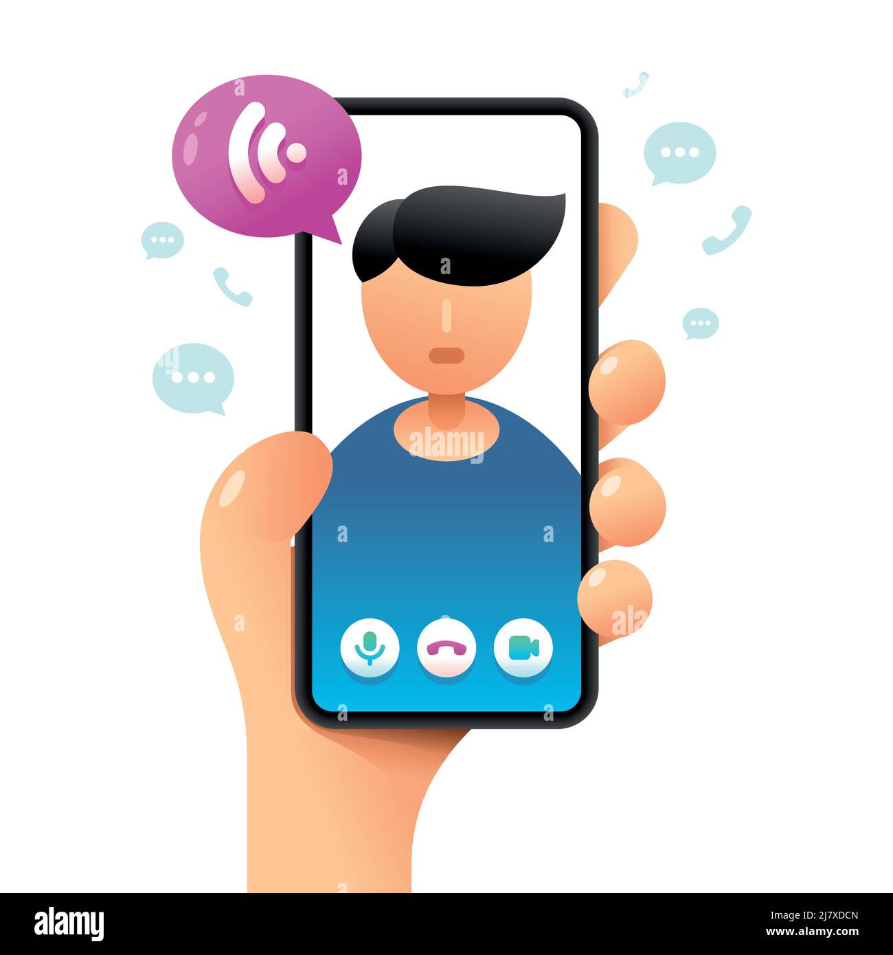 Smartphone mockup in human hand. Online voice call. Vector colorful ...