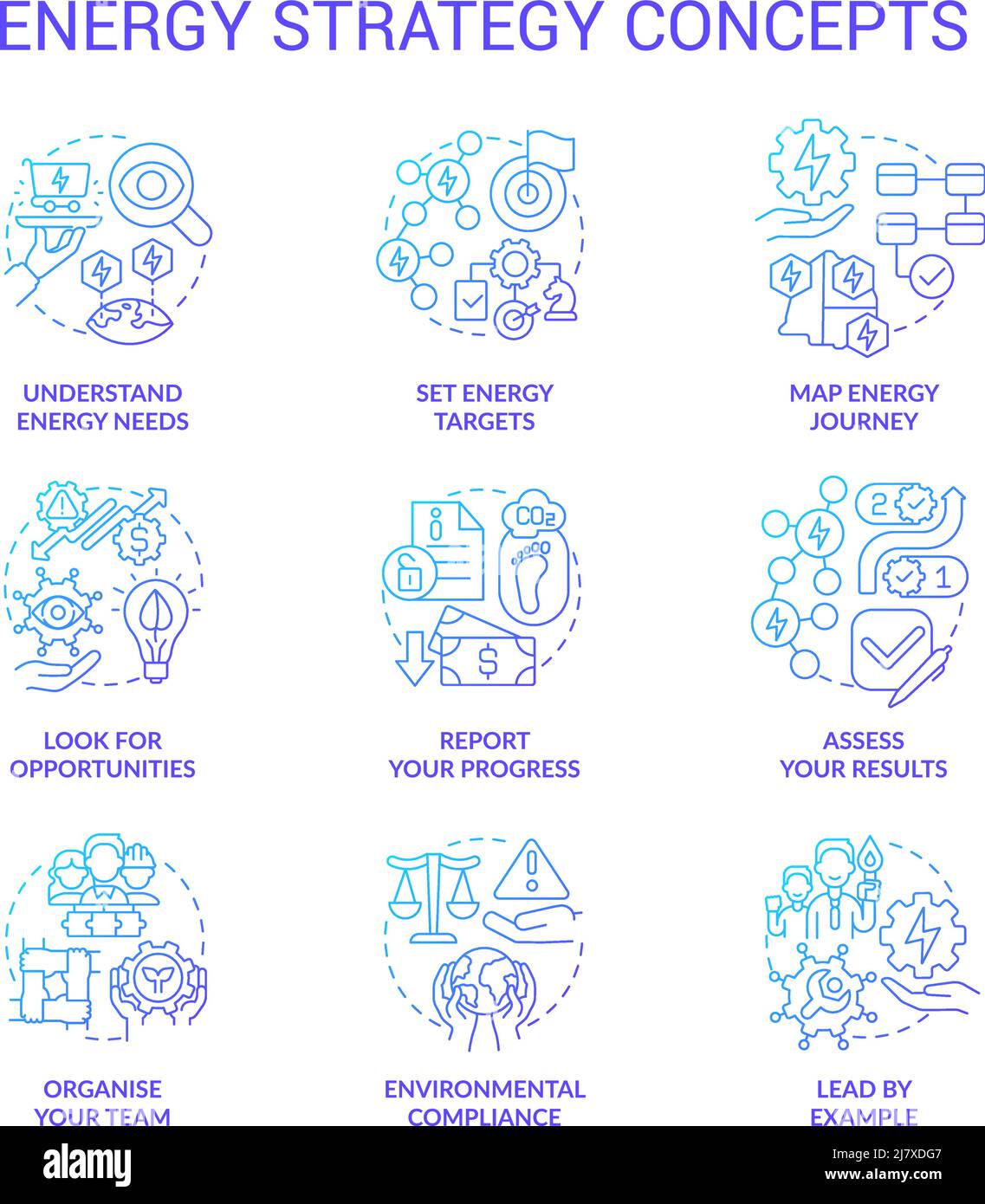 Energy strategy blue gradient concept icons set Stock Vector Image ...