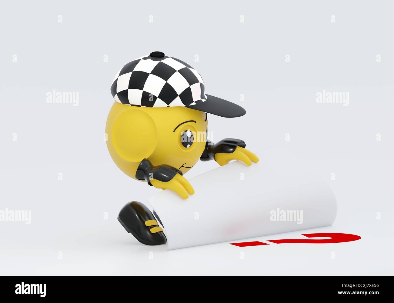 cute 3d robot with checkered baseball cap looks at a question mark in ...