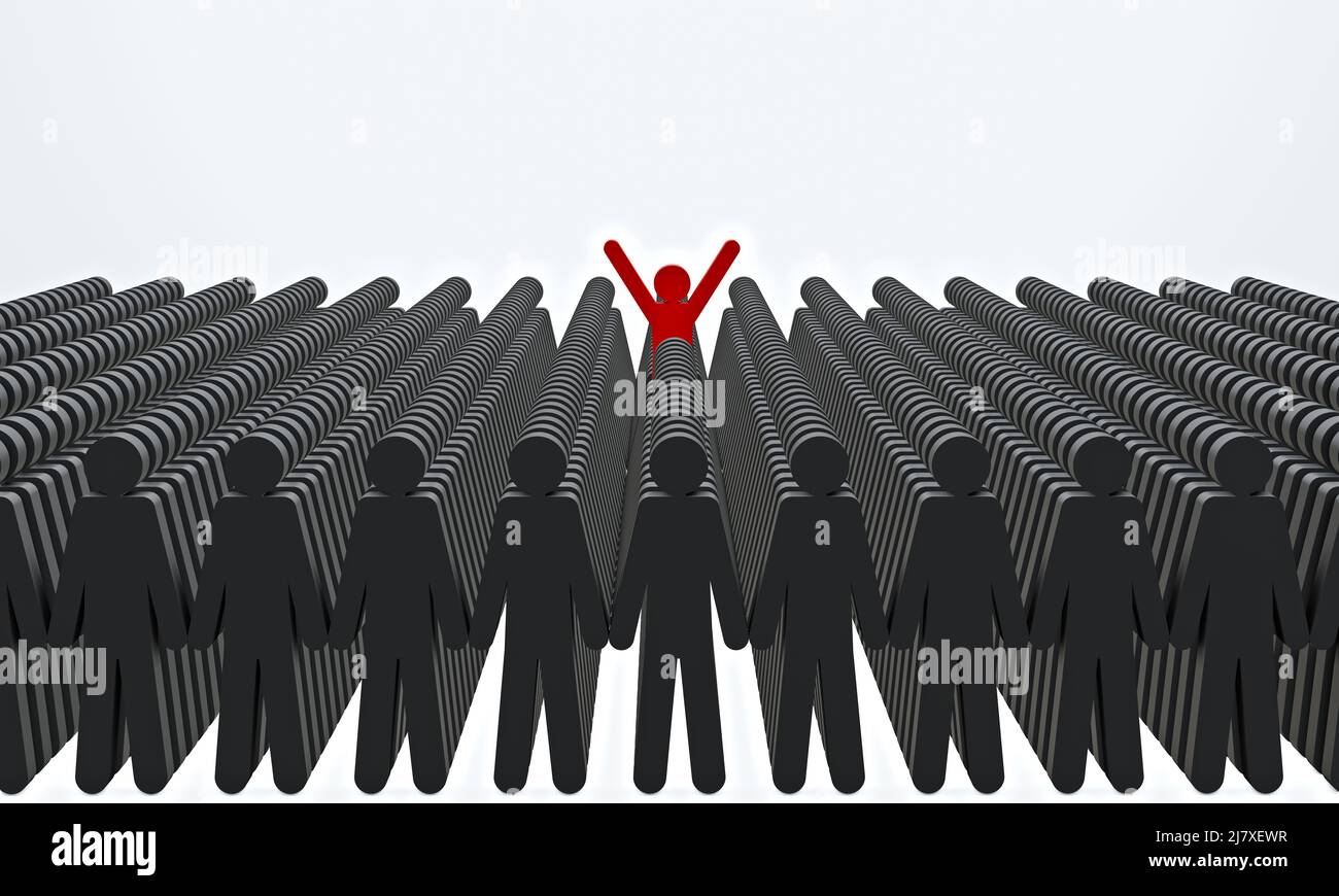 gray crowd from which one person stands out in red. 3d rendering Stock ...