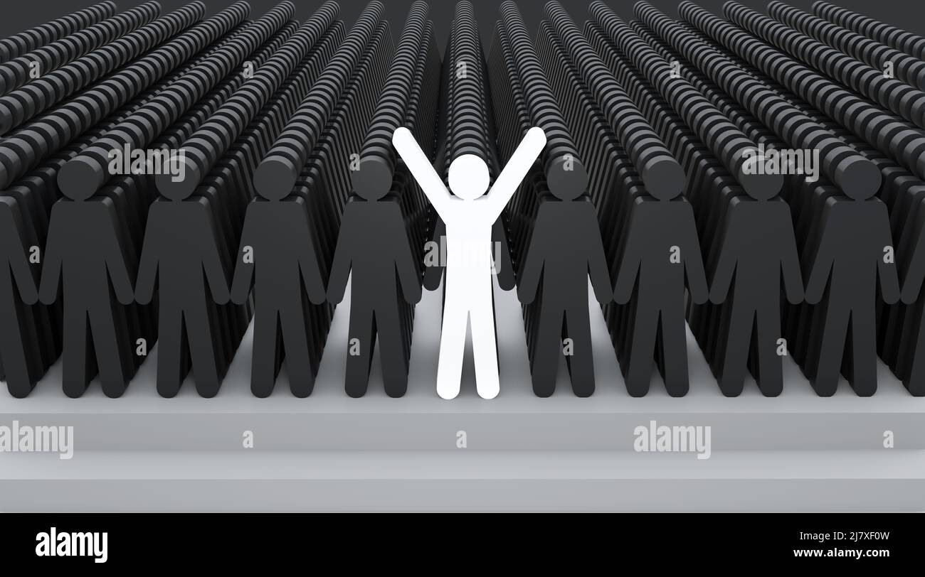 gray crowd from which one person stands out in white. 3d rendering ...