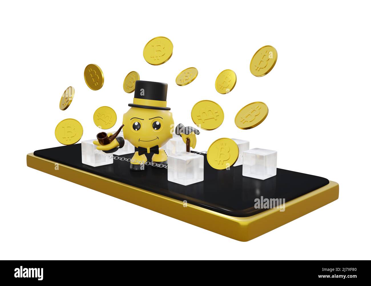 Bitcoin coins with blockchain and 3d character. 3d rendering Stock ...