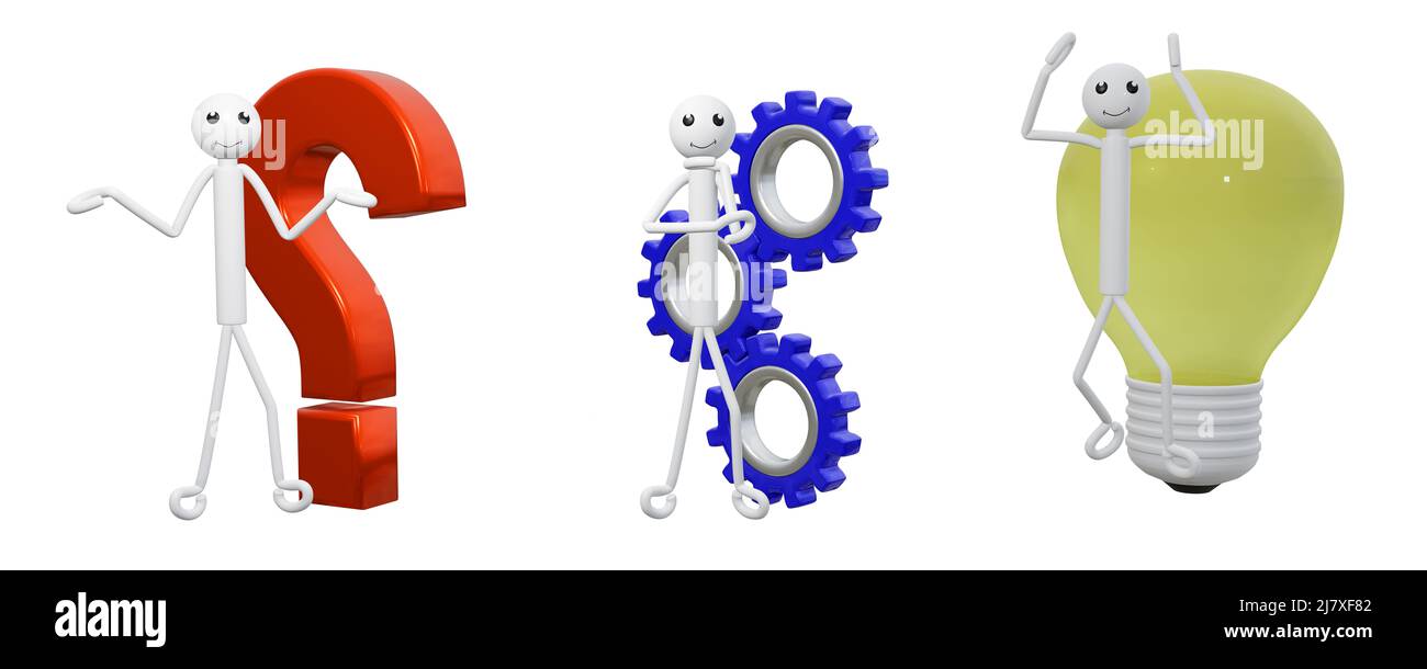 Stick figures with function and implementation symbols. 3d rendering ...