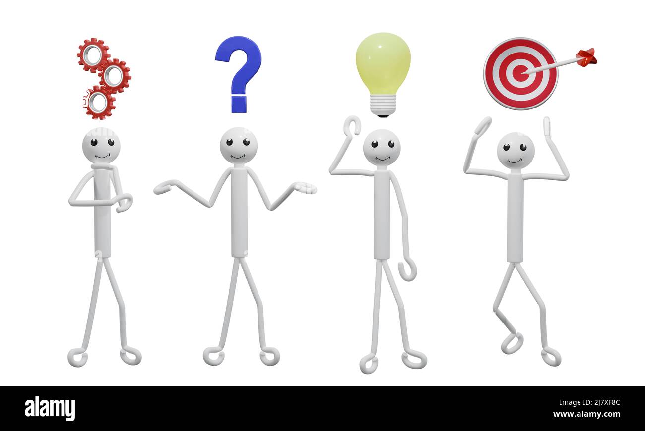 Stick figures with function and implementation symbols. 3d rendering ...