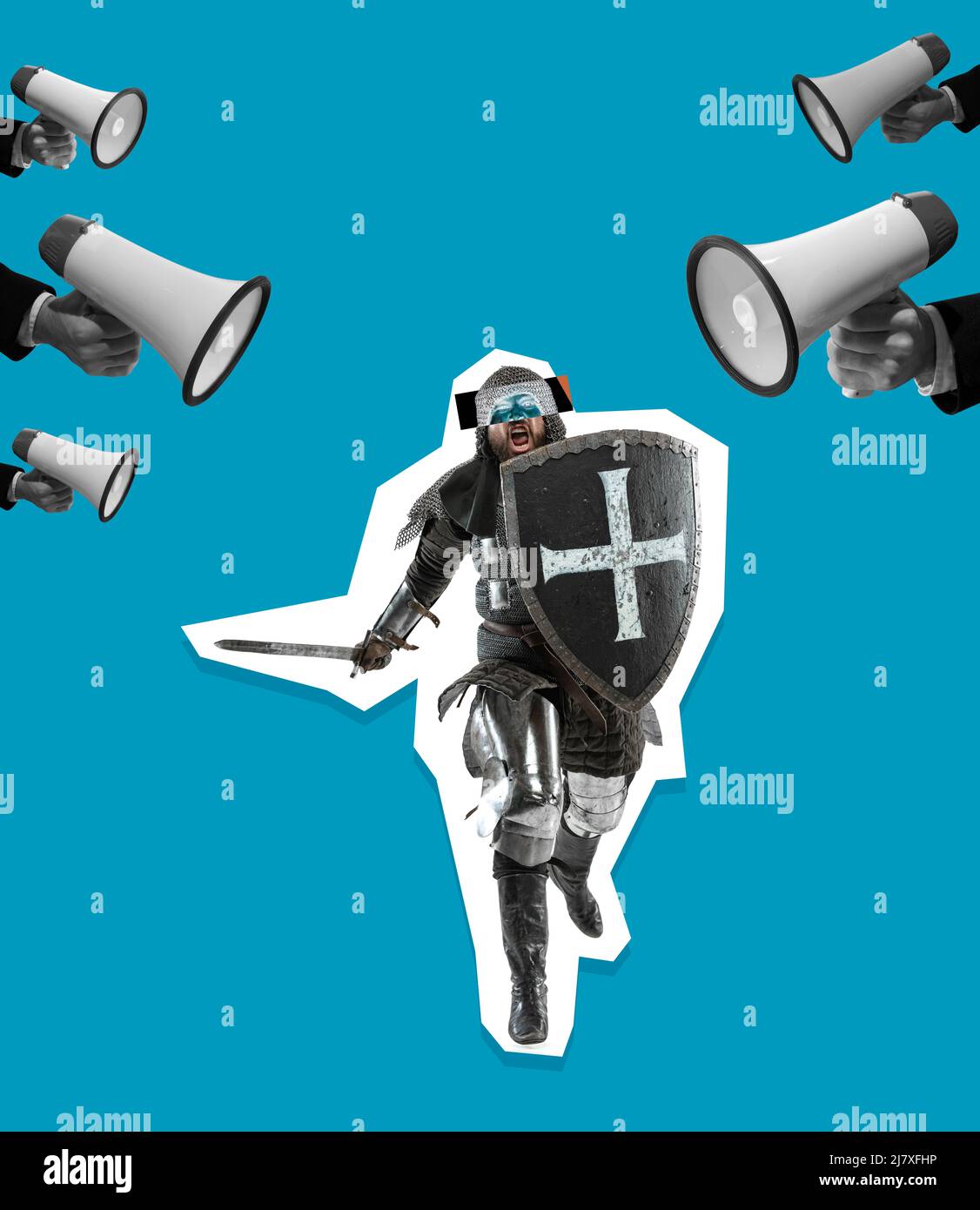 Contemporary art collage with medieval knight, warrior running away ...