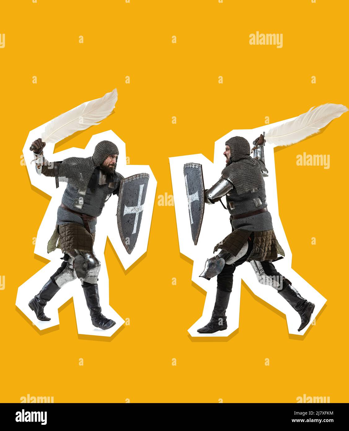 Contemporary art collage with two medieval knights fight over yellow ...