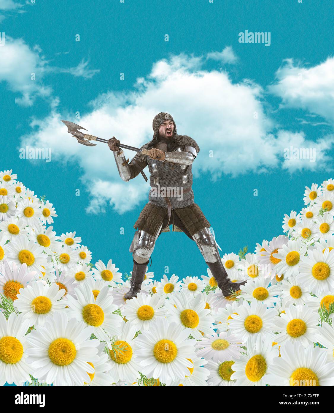 Contemporary art collage with medieval knight, warrior in action over ...